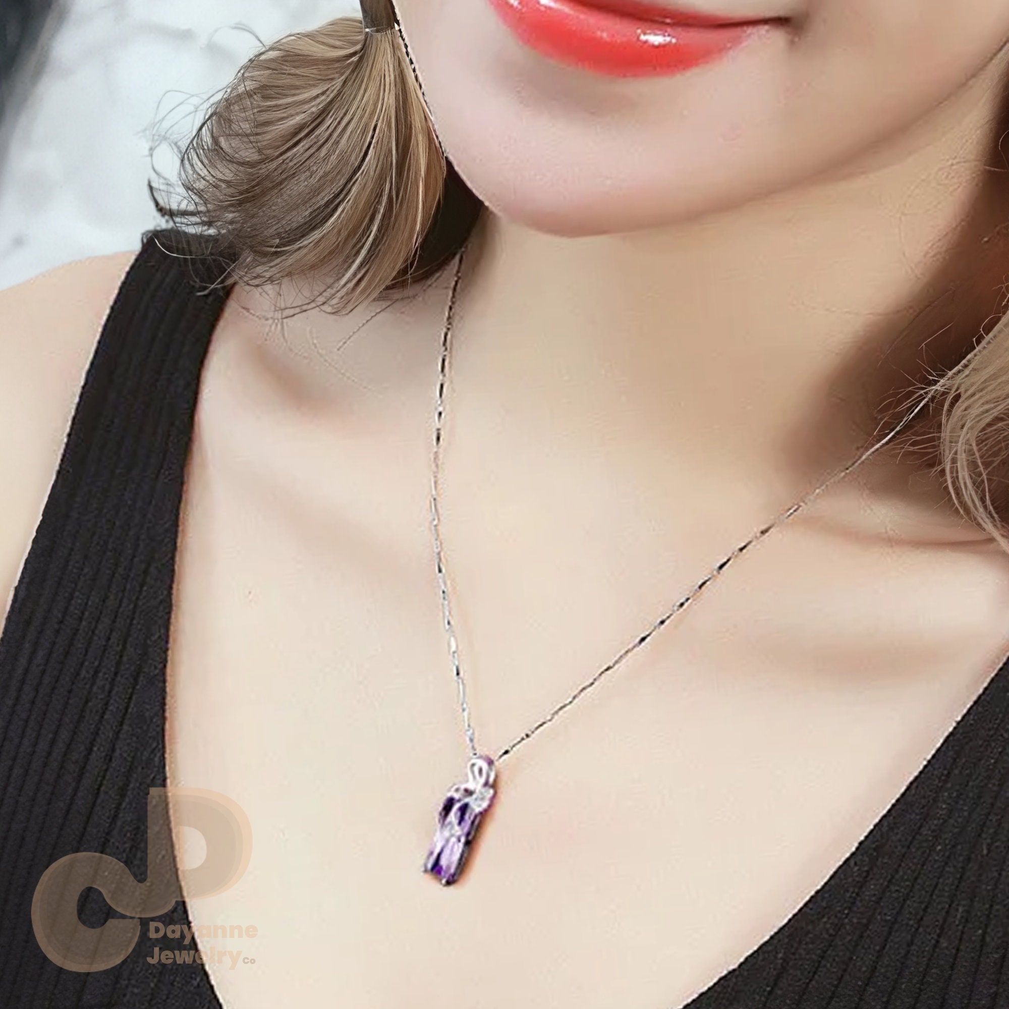 Elegant Amethyst Pendant Necklace, Rectangle Gem Stone Pendant, Silver Amethyst Necklace Pendant ...