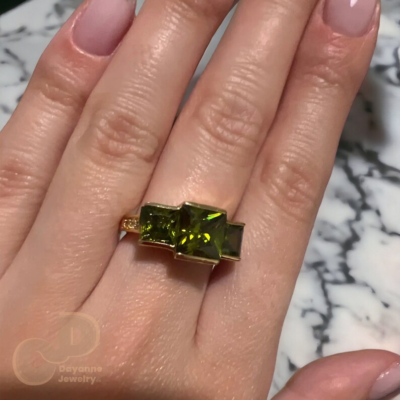Square Peridot Ring, Princess Cut Olive Green Gemstone Ring, Gold ...