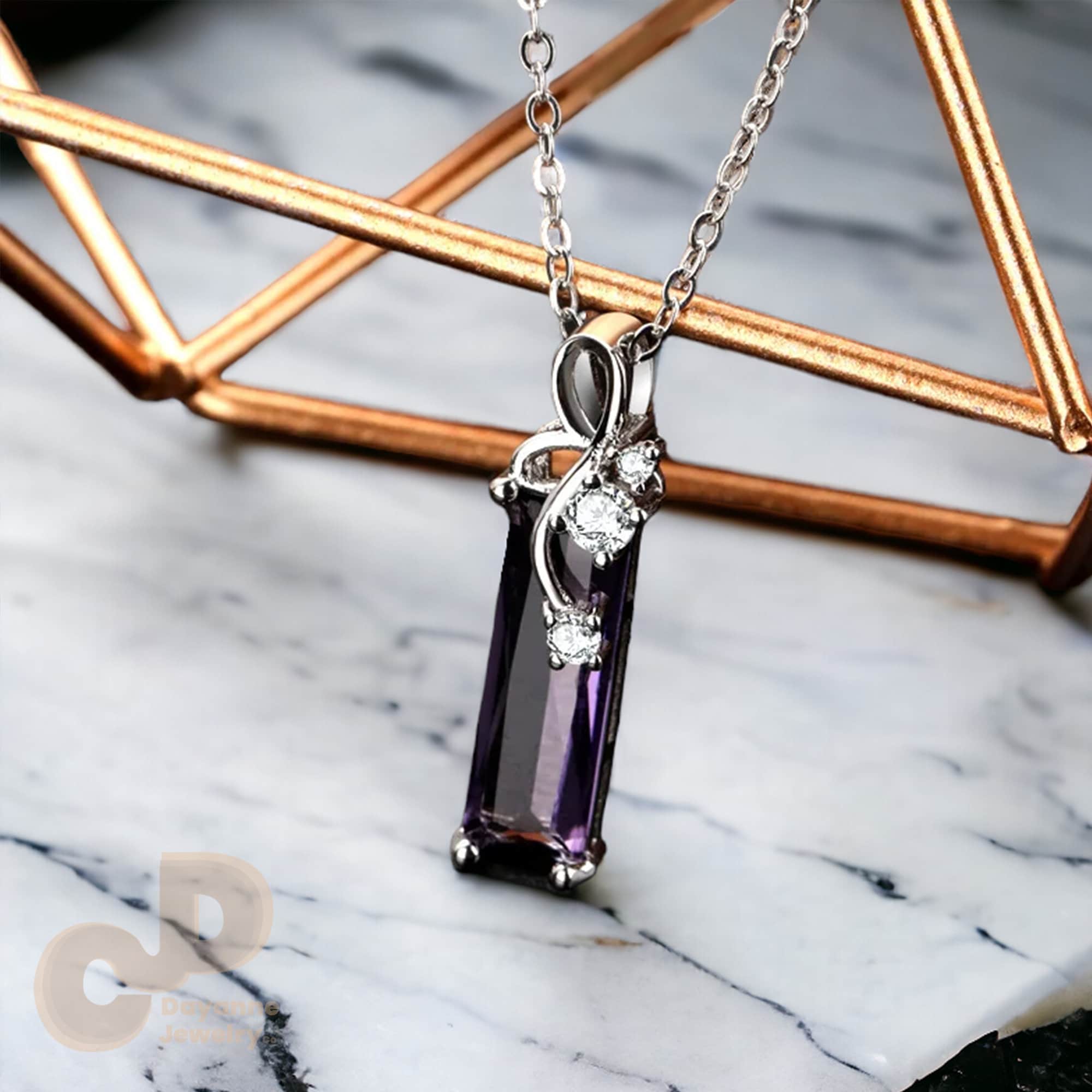 Elegant Amethyst Pendant Necklace, Rectangle Gem Stone Pendant, Silver ...