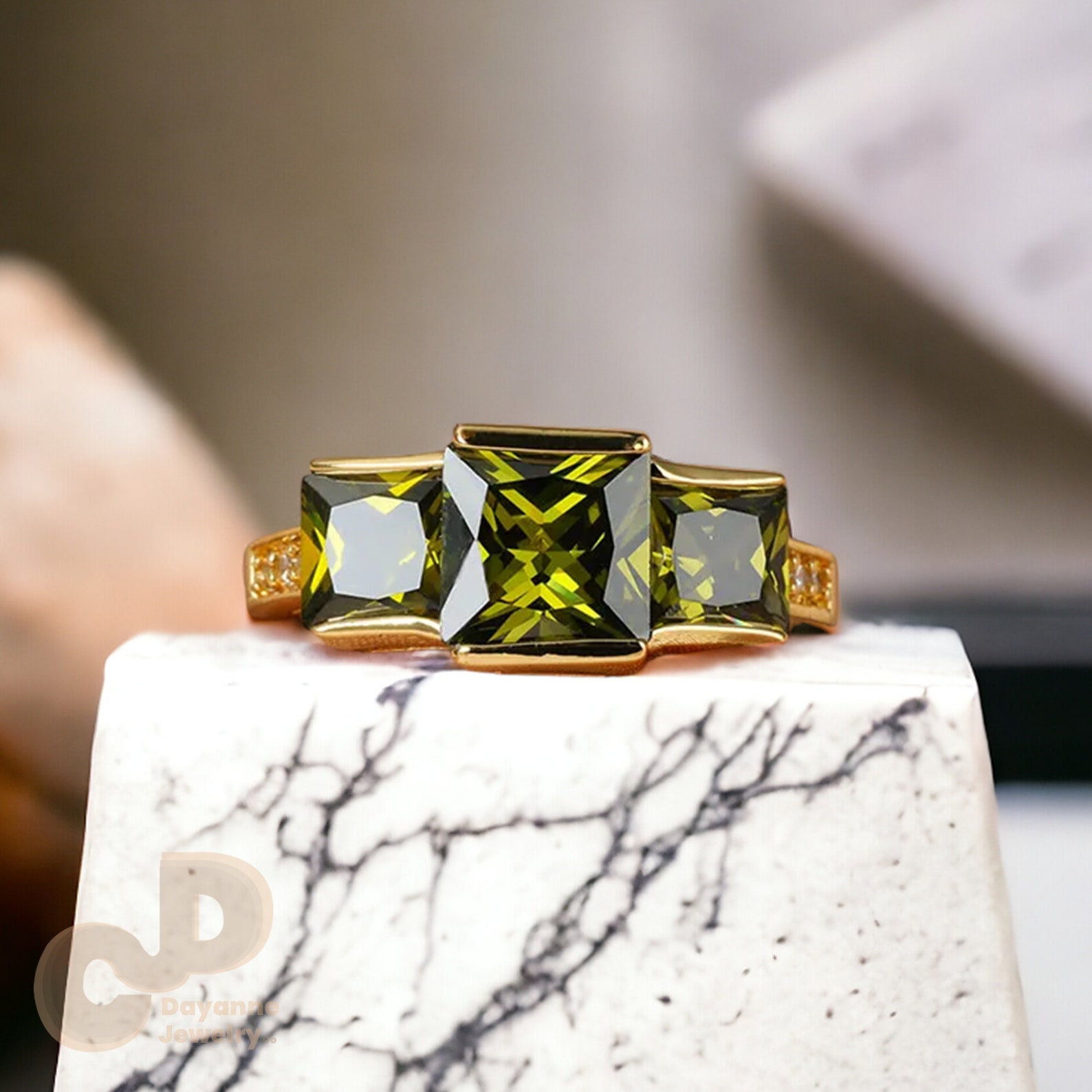 Square Peridot Ring, Princess Cut Olive Green Gemstone Ring, Gold ...