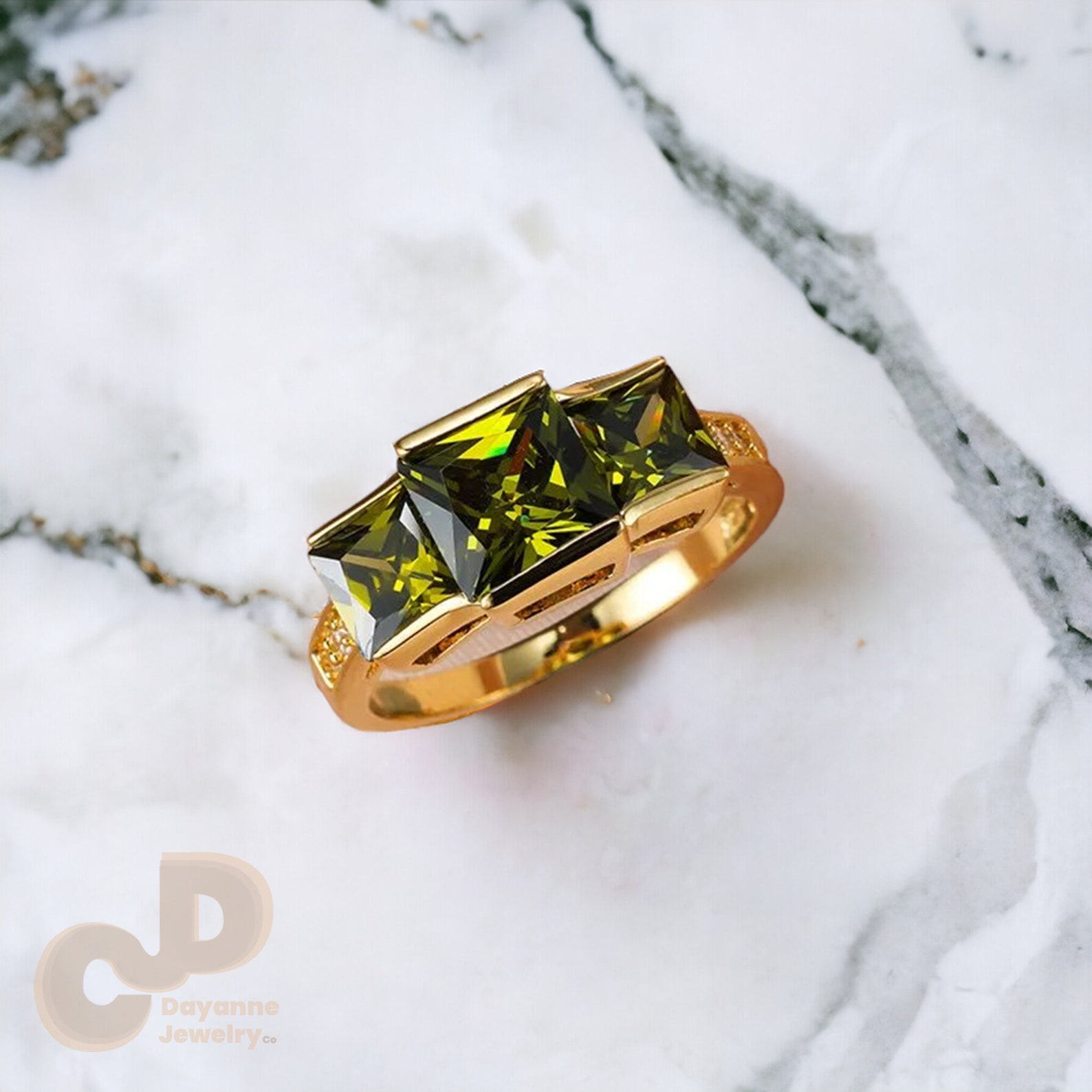 Square Peridot Ring, Princess Cut Olive Green Gemstone Ring, Gold ...