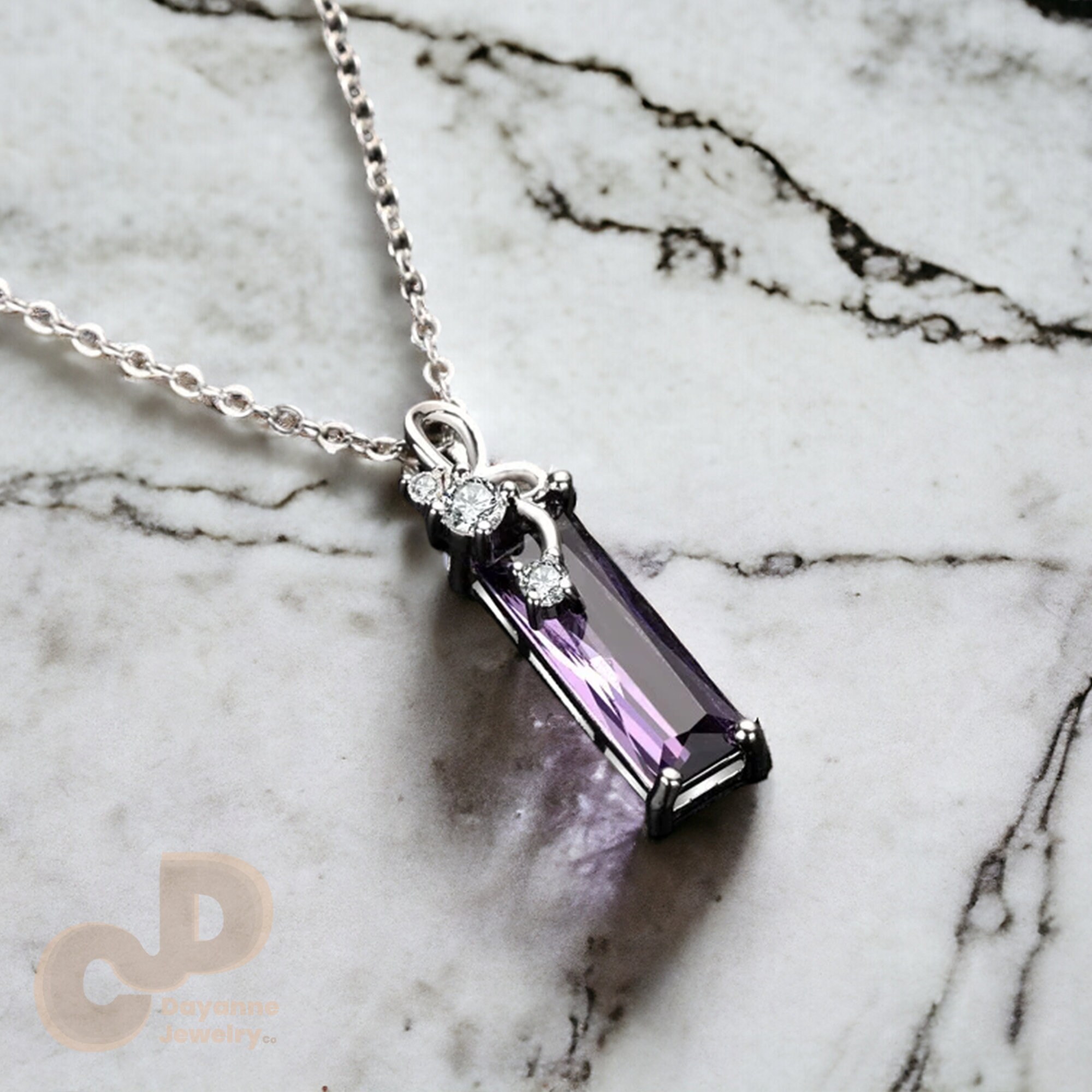 Elegant Amethyst Pendant Necklace, Rectangle Gem Stone Pendant, Silver ...