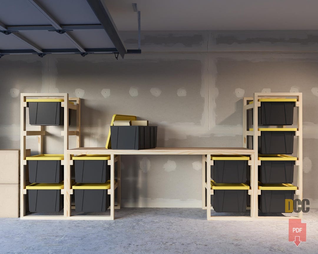 Bin Storage Rack With Workbench 27 Gallon PDF | Bin Garage Shelves Rack ...