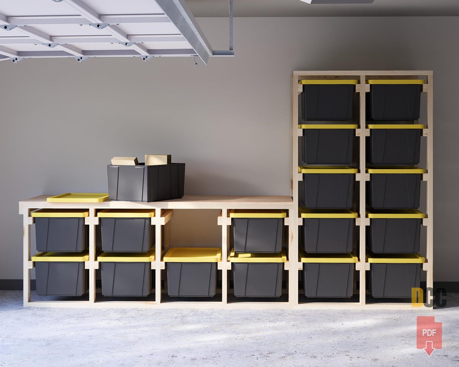 Tote Storage Rack With Workbench 27 Gallon | Bin Garage Shelves Rack ...