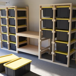 Tote Storage Rack With Workbench | 20 Slot Storage 27 Gallon Diy Garage ...