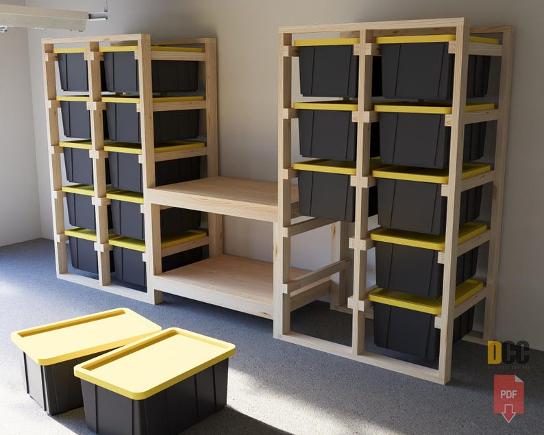 Tote Storage Rack With Workbench | 20 Slot Storage 27 Gallon Diy Garage ...