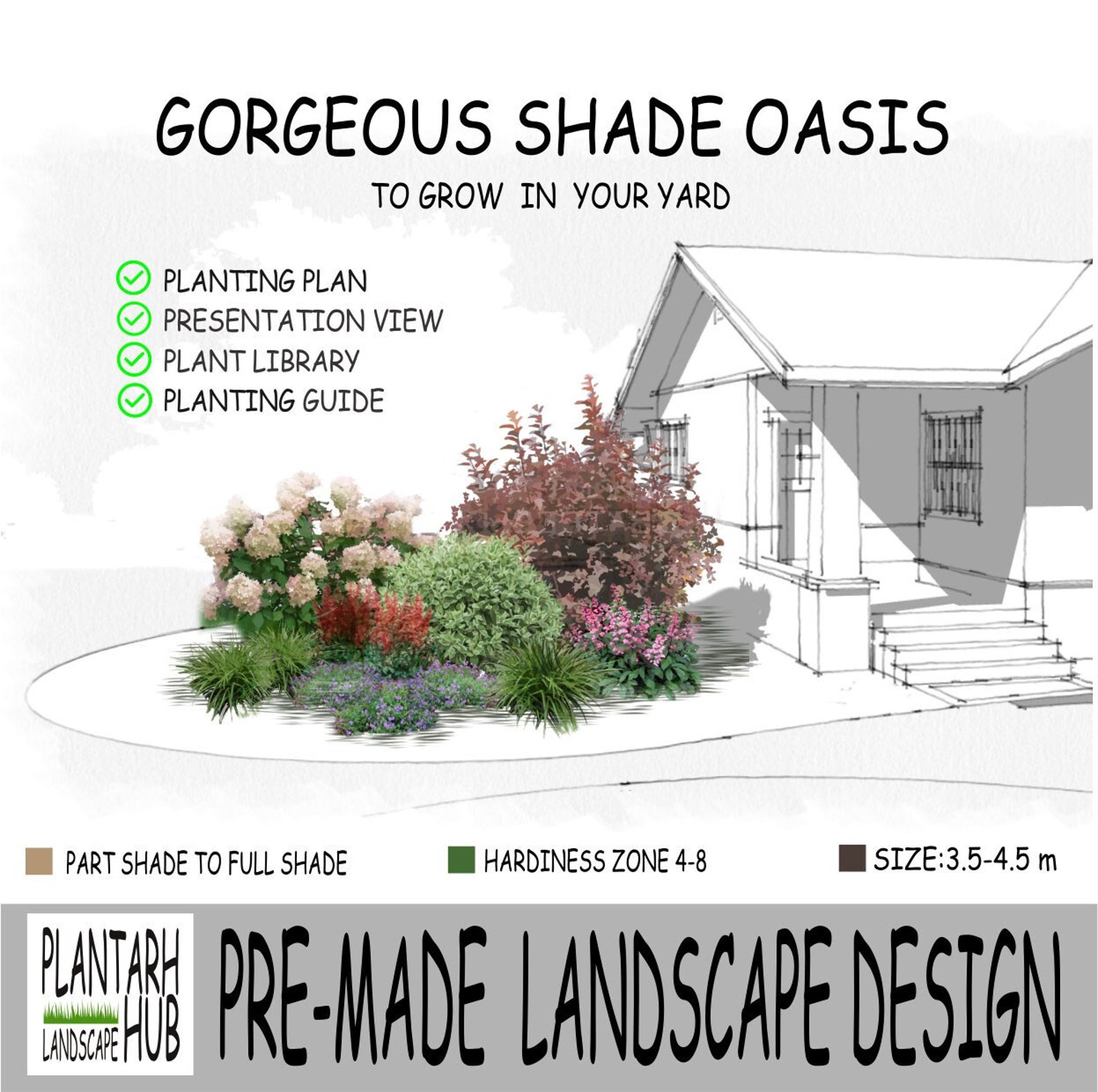 Pre-made Landscape Design Shade Garden Outdoor Space Idea With Low-maintenance Plants for Easy ...