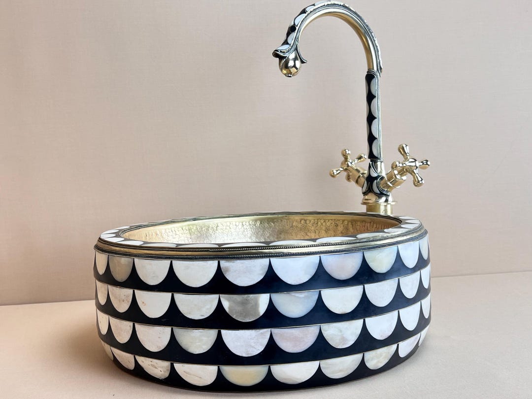 Artisan Brass, Resin and Bone Vessel Sink Set - Geometric Scalloped ...