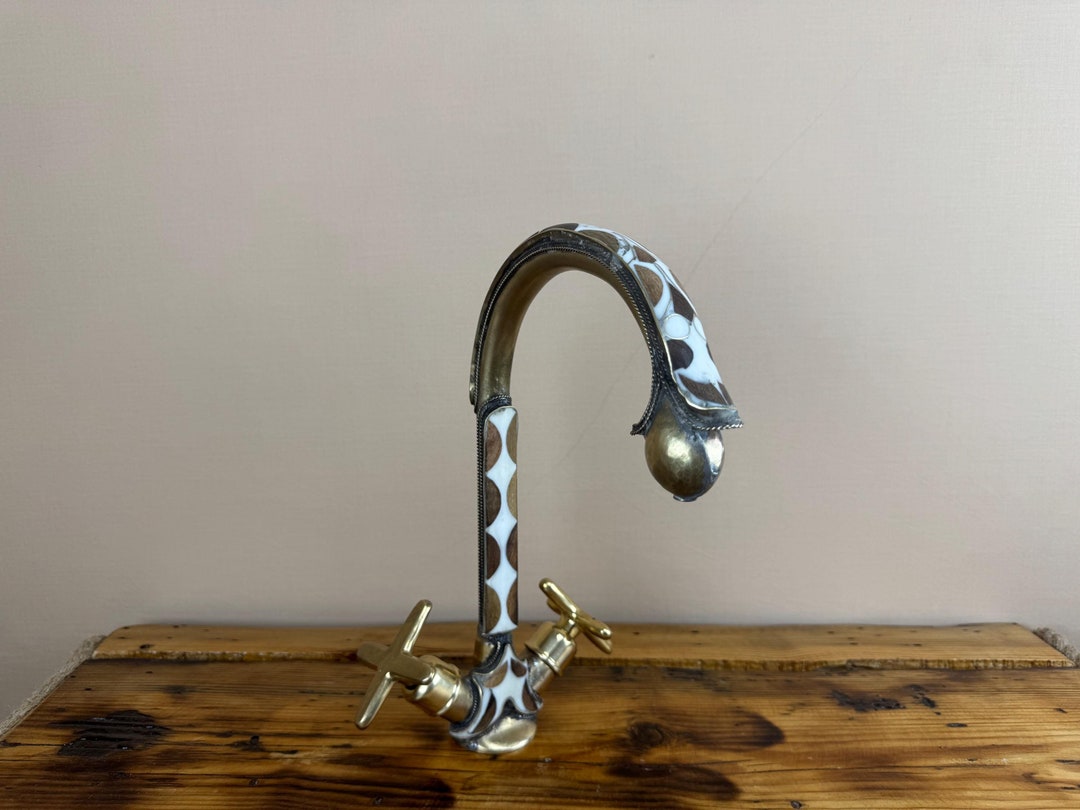 Vintage-style Wood & Resin Inlay Gooseneck Faucet - Raw Brass Bathroom ...