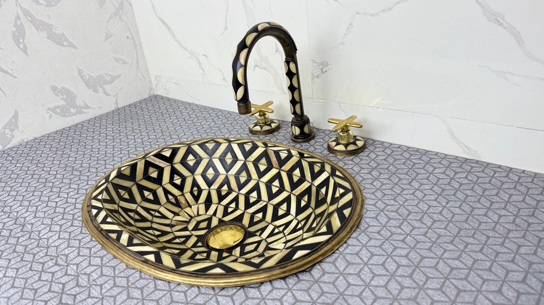 Handmade Brass Bathroom Faucet With Bone & Black Resin Inlay - Luxury ...