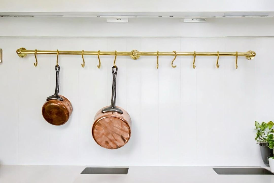 Rustic Brass Kitchen Rail System With 5 S-hooks - 24" Wall Mounted Pot ...