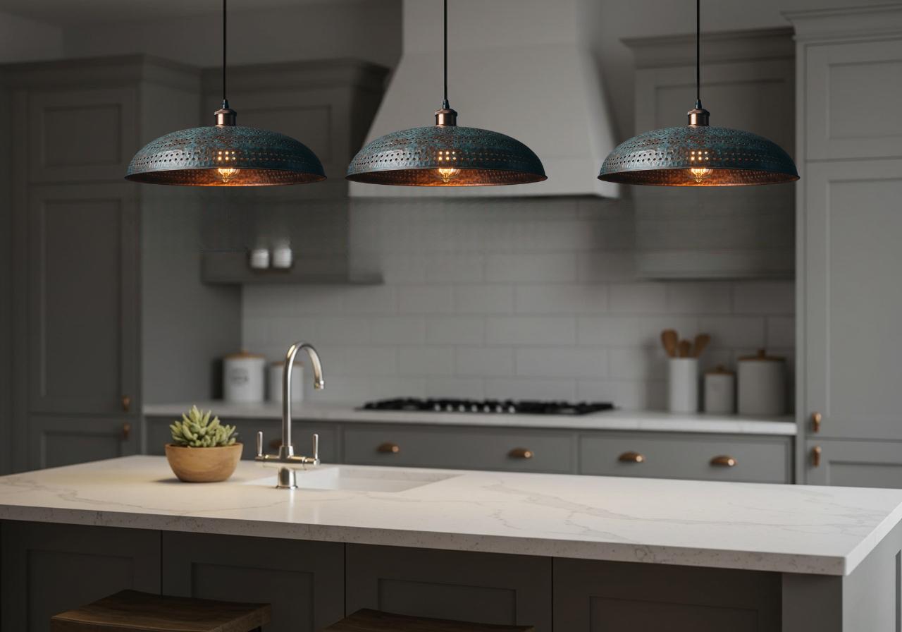 Verdigris Copper Pendant Light: Perforated Metal Dome, Industrial ...