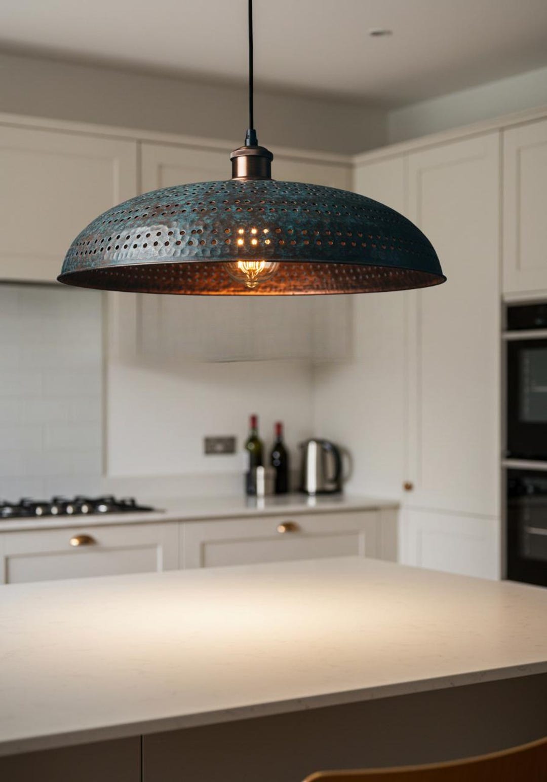 Verdigris Copper Pendant Light: Perforated Metal Dome, Industrial ...