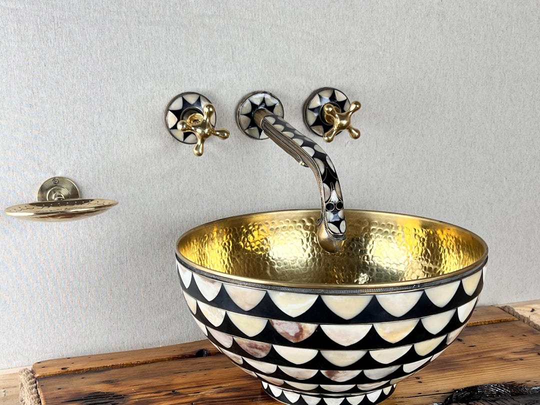 Handcrafted Bone Inlay Vessel Sink -black White Geometric Pattern Bowl ...