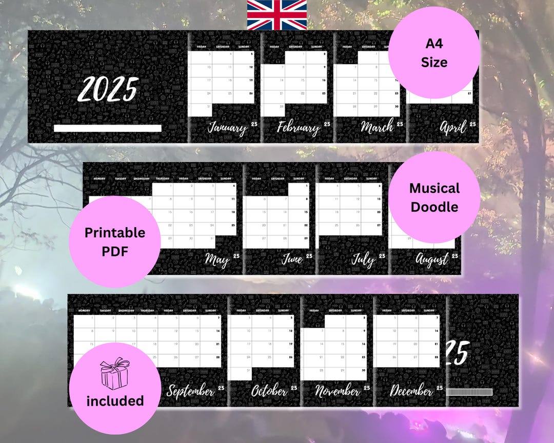 2025 Monthly Calendar - Music Wall Calendar in English Monday, A4 ...