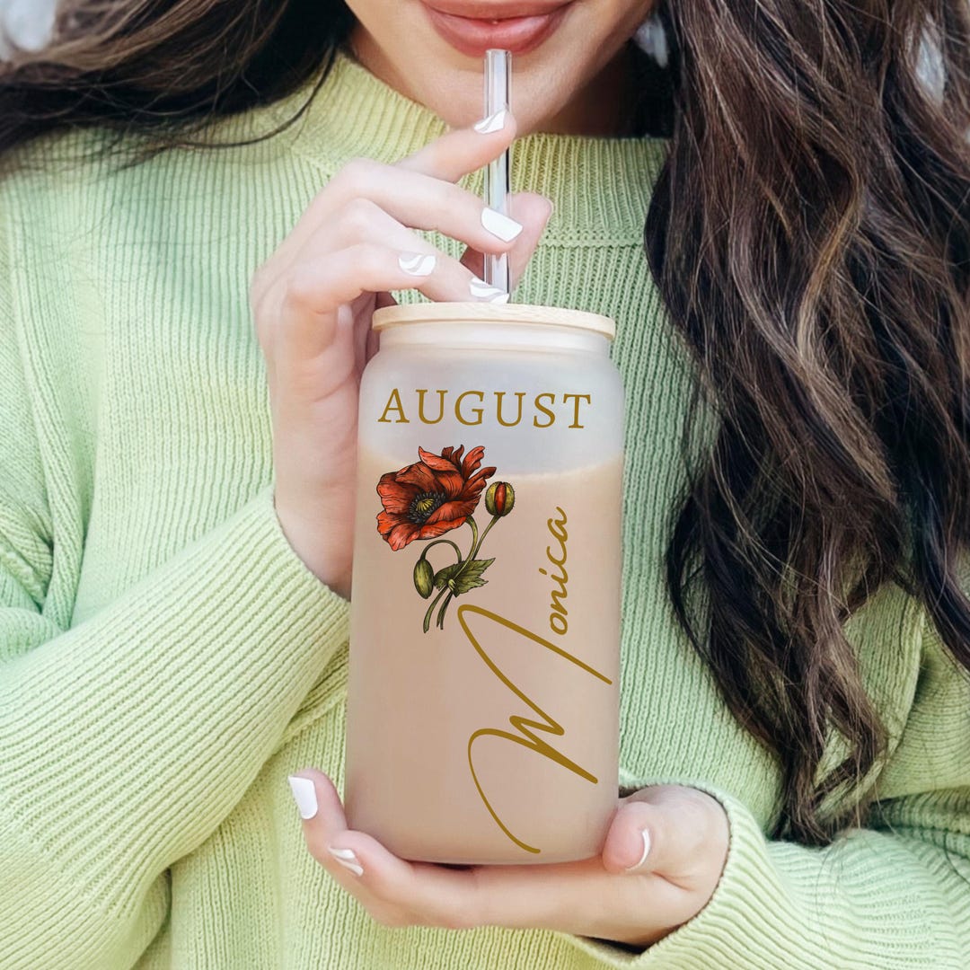 Personalized Birth Flower Iced Coffee Cup, Custom Can Glass With Lid ...