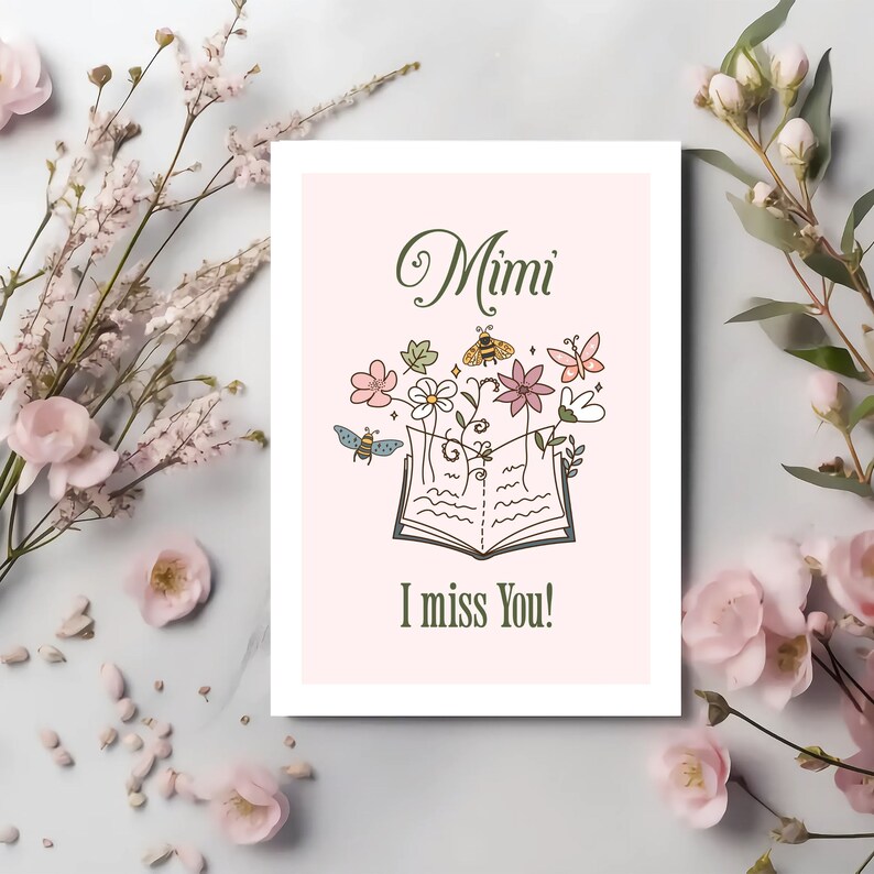 Printable Mimi Card: I Miss You, Floral Book (digital Download) - Etsy