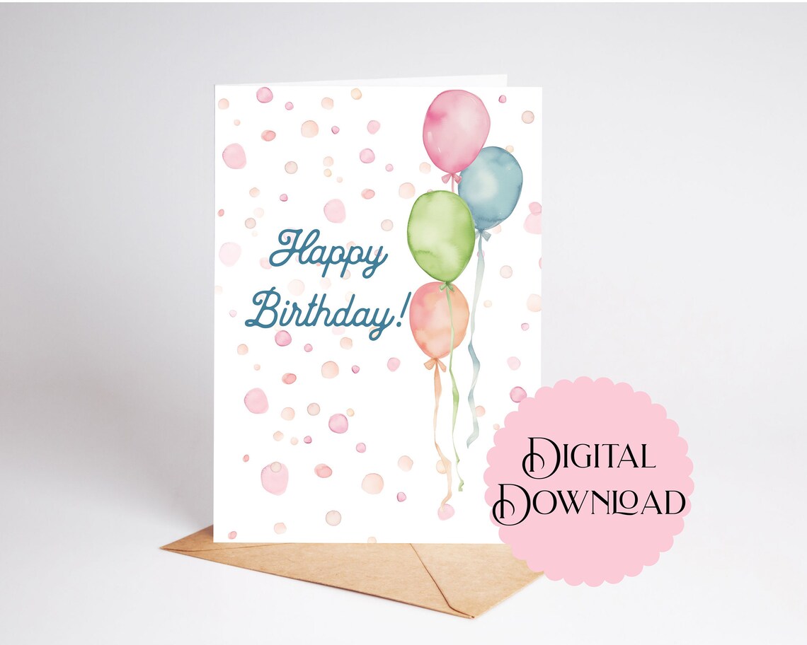 Printable Birthday Card With Balloons, Happy Birthday Card, Digital ...