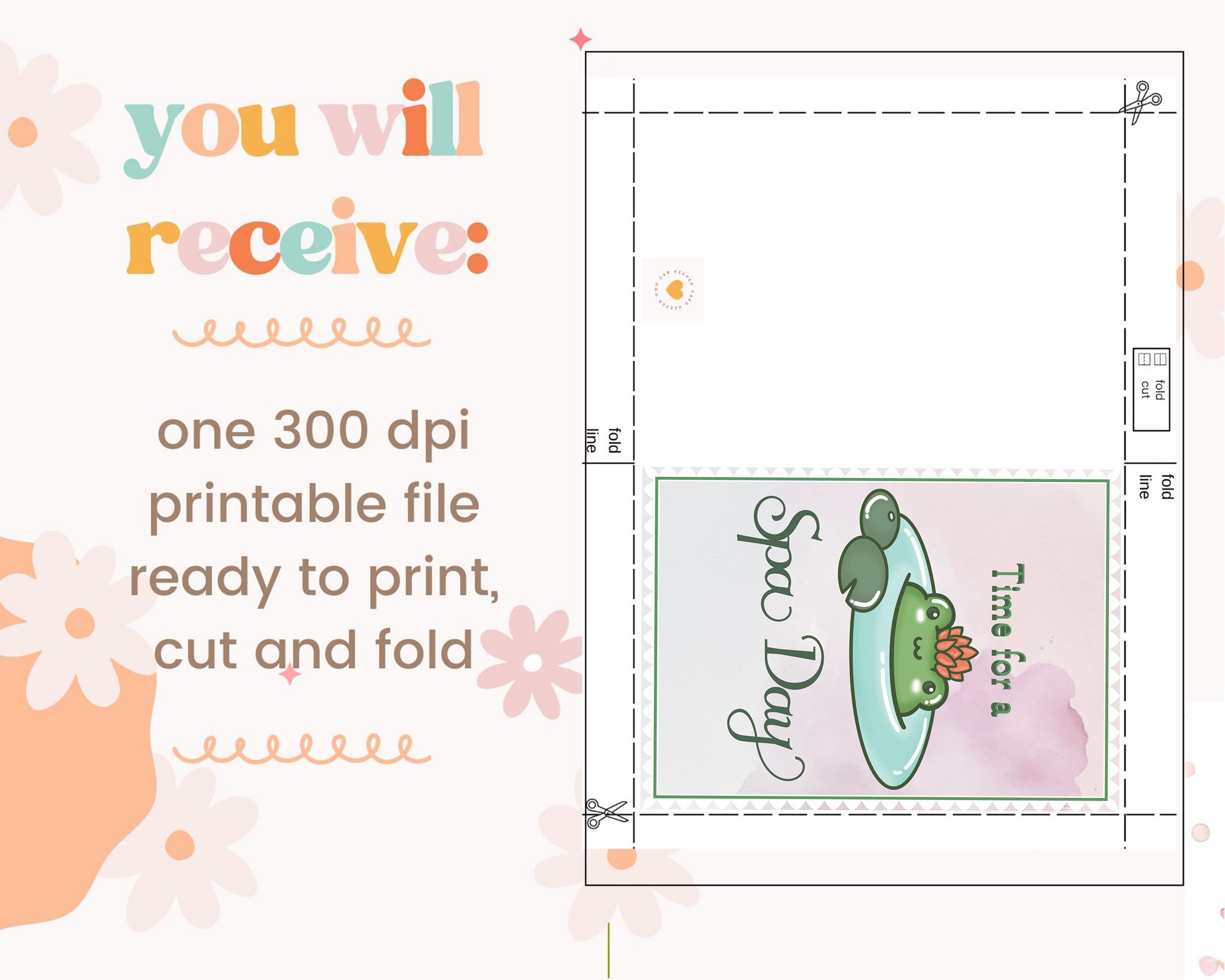 Spa Day Card, Printable 5x7 Pink and Green Frog Floating in Water ...