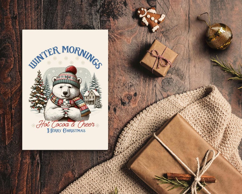 Polar Bear Christmas Card Winter Mornings Hot Cocoa And Cheer Merry