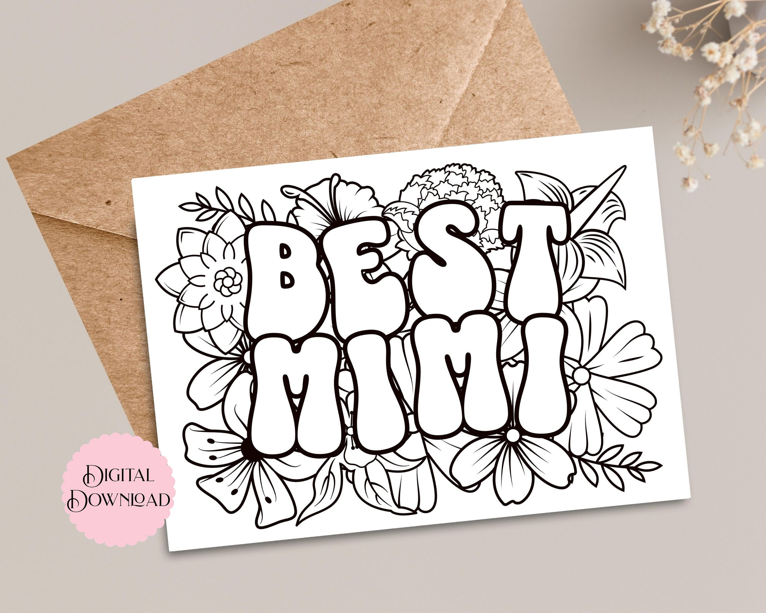 Printable Coloring Card for Mimi, Best Mimi Flower Card, 5x7 Inch Print ...