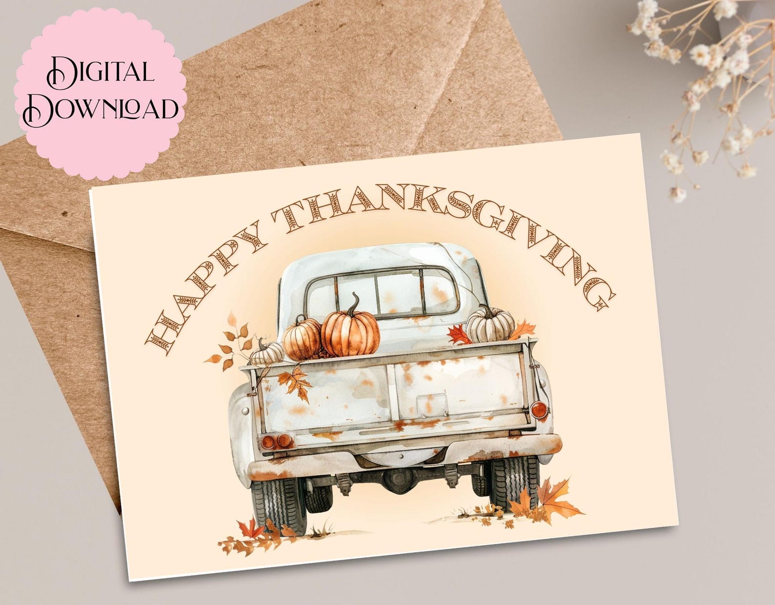 Happy Thanksgiving Printable Card, Vintage White Truck With Pumpkins ...