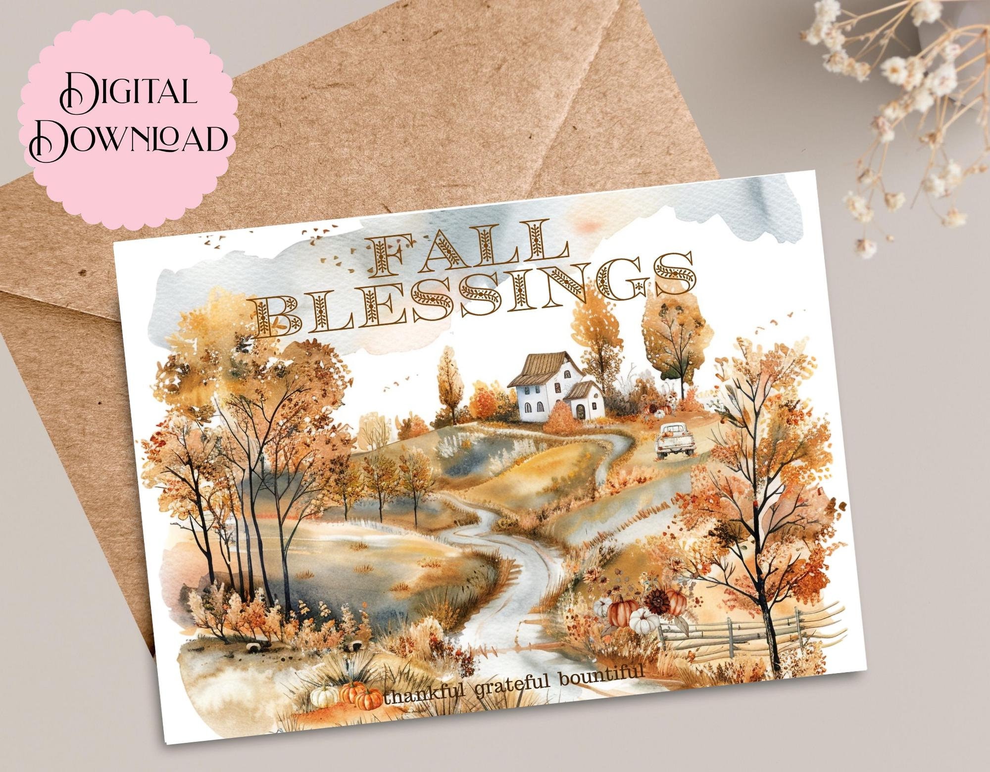 Fall Blessings, Printable 5x7 Inch Card Thankful, Grateful, Bountiful ...