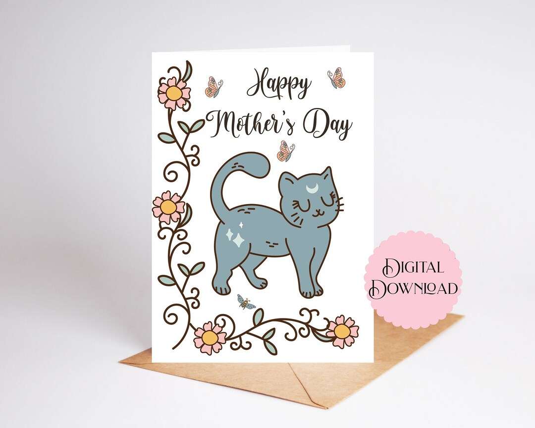 Printable Mother's Day Card With Cat, 5x7 Digital Download, Print, Cut ...