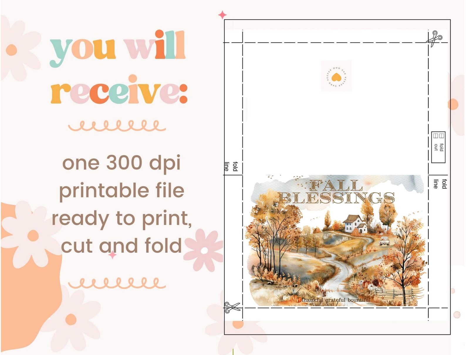 Fall Blessings, Printable 5x7 Inch Card Thankful, Grateful, Bountiful ...