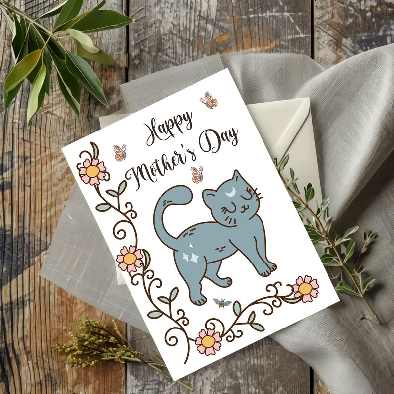Printable Mother's Day Card With Cat, 5x7 Digital Download, Print, Cut ...