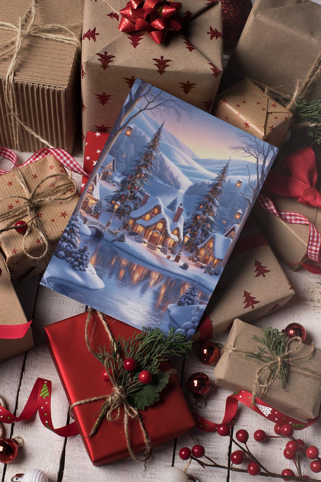 Greeting Cards, Christmas Cottage Card, Holiday Stationery, Festive ...