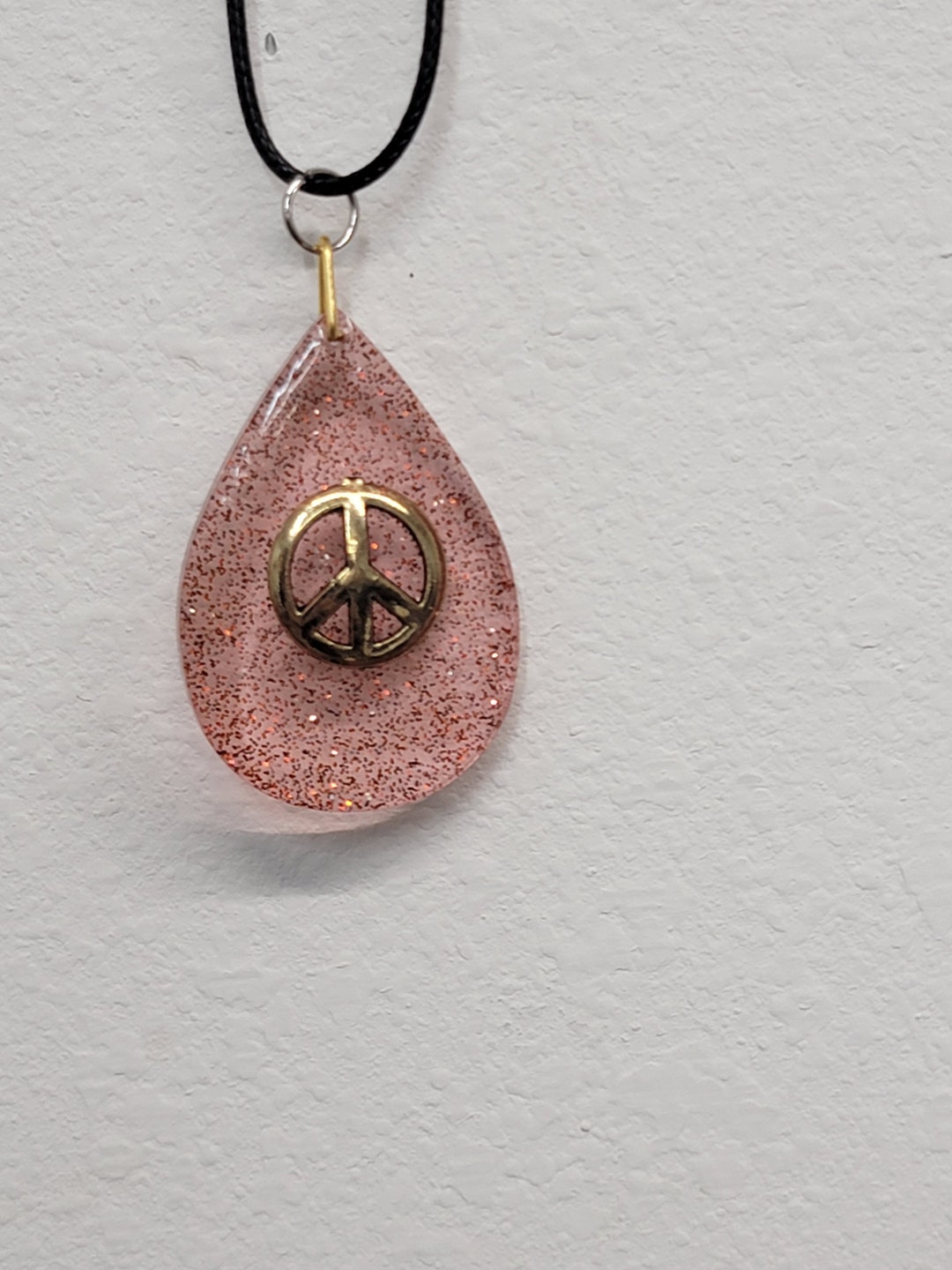 Teardrop Shaped Pendant With Peace Sign on Black Cord Necklace - Etsy