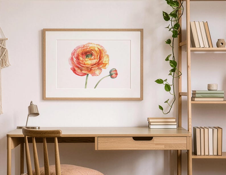 Peach Ranunculus Printable Wall Art, Watercolor Flower Print ...