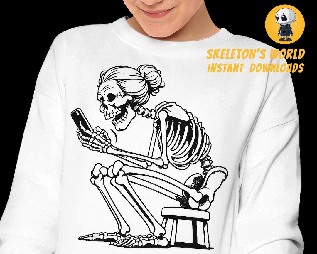 Skeleton Girl on Phone Social Messy Bun Mom Life Digital Art PNG ...