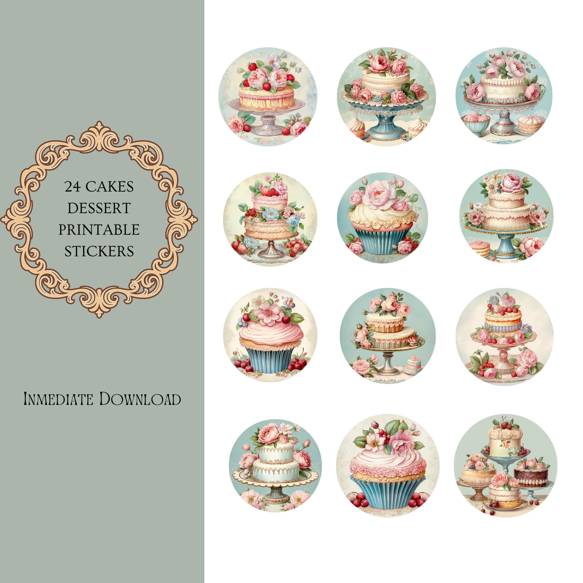 24 Vintage Cake Desserts Round Stickers Printable Desserts Stickers for ...