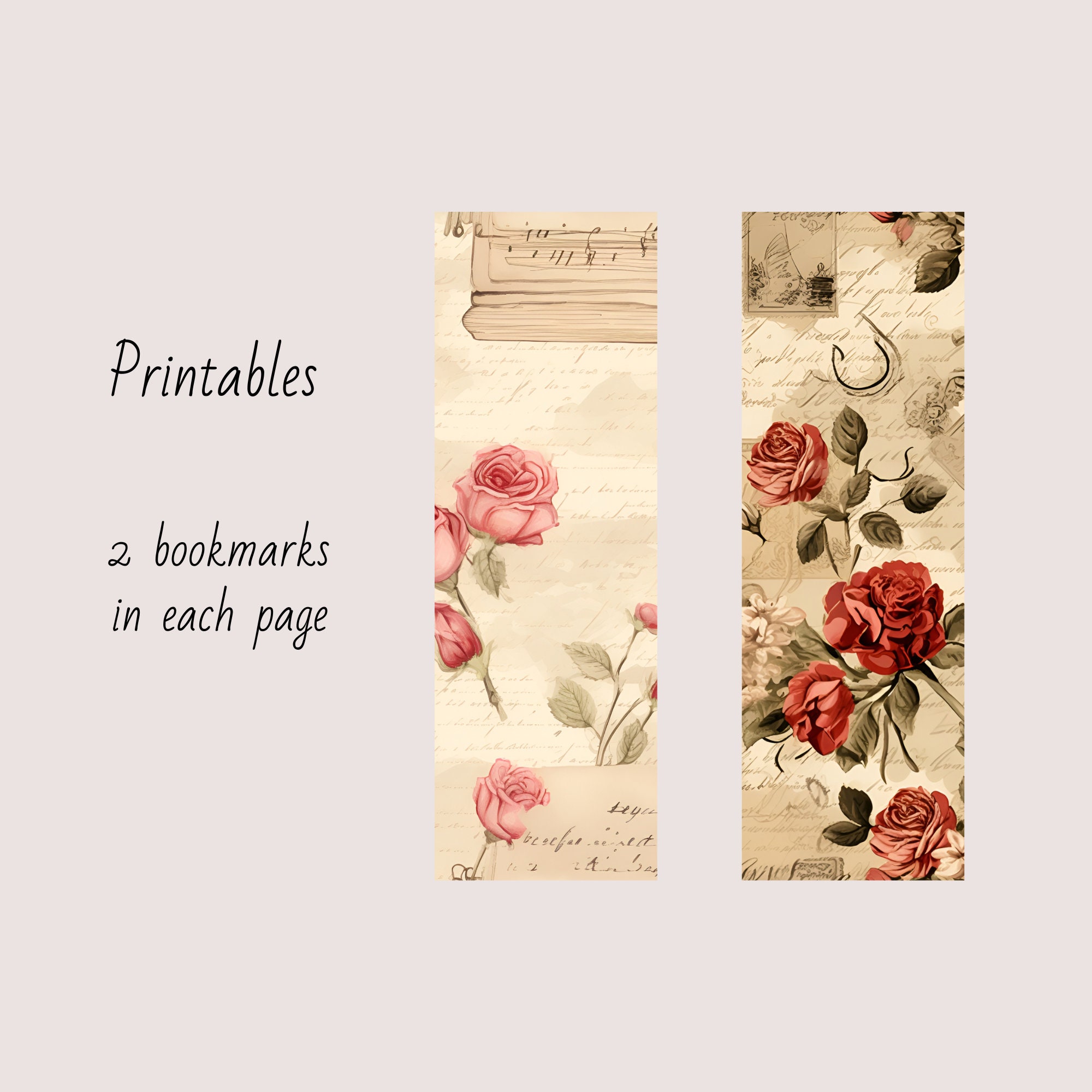 Vintage Roses Bookmark Set 4 Printable Floral Bookmarks Gift for Book ...