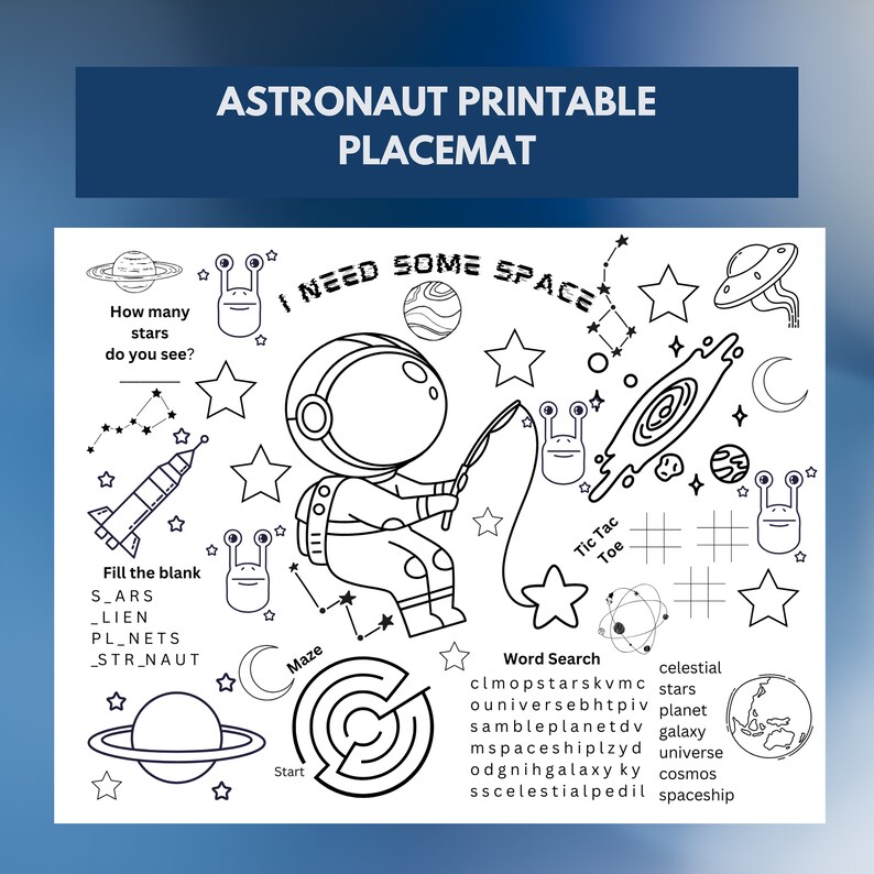 Astronaut Printable Placemat for Kids/ Activity Mat for Kids/ Coloring ...