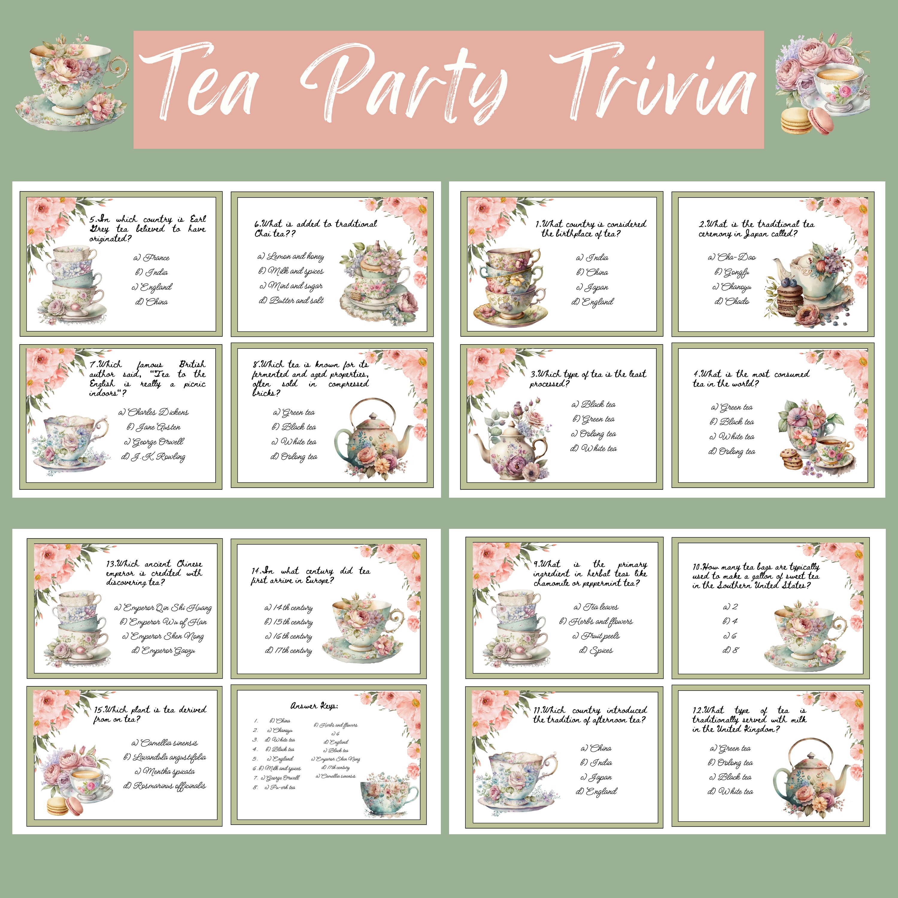 Tea Party Trivia Game Flashcards | Printable Family Night Activity ...