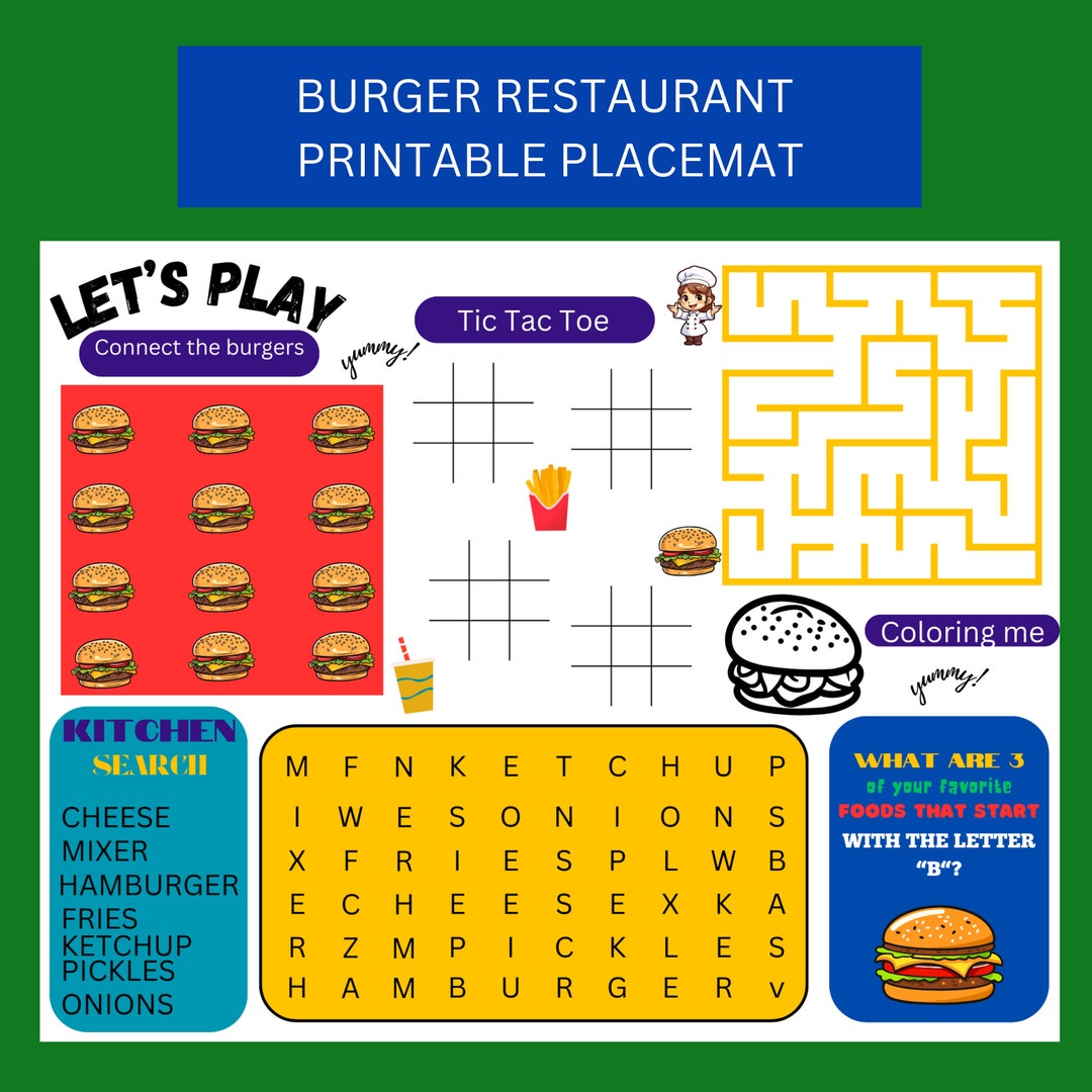 Burger Restaurant Printable Placemat, Summer Party Activity Placemat ...
