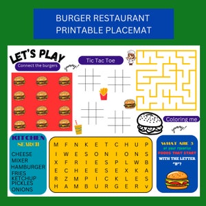 Burger Restaurant Printable Placemat, Summer Party Activity Placemat ...