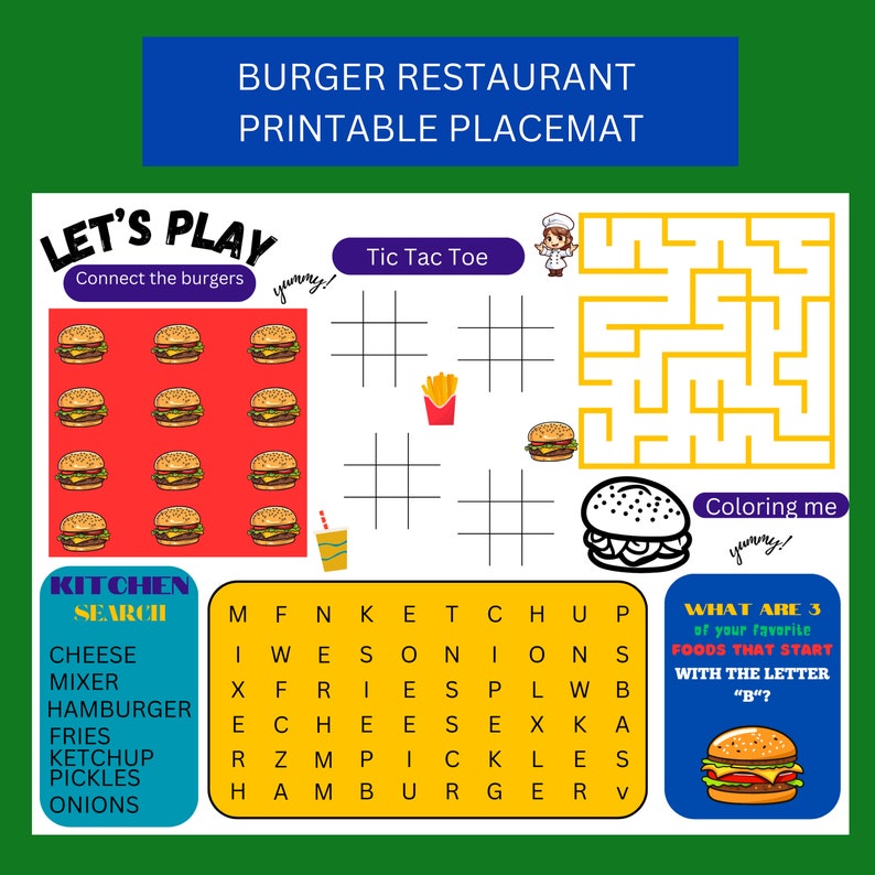 Burger Restaurant Printable Placemat, Summer Party Activity Placemat ...