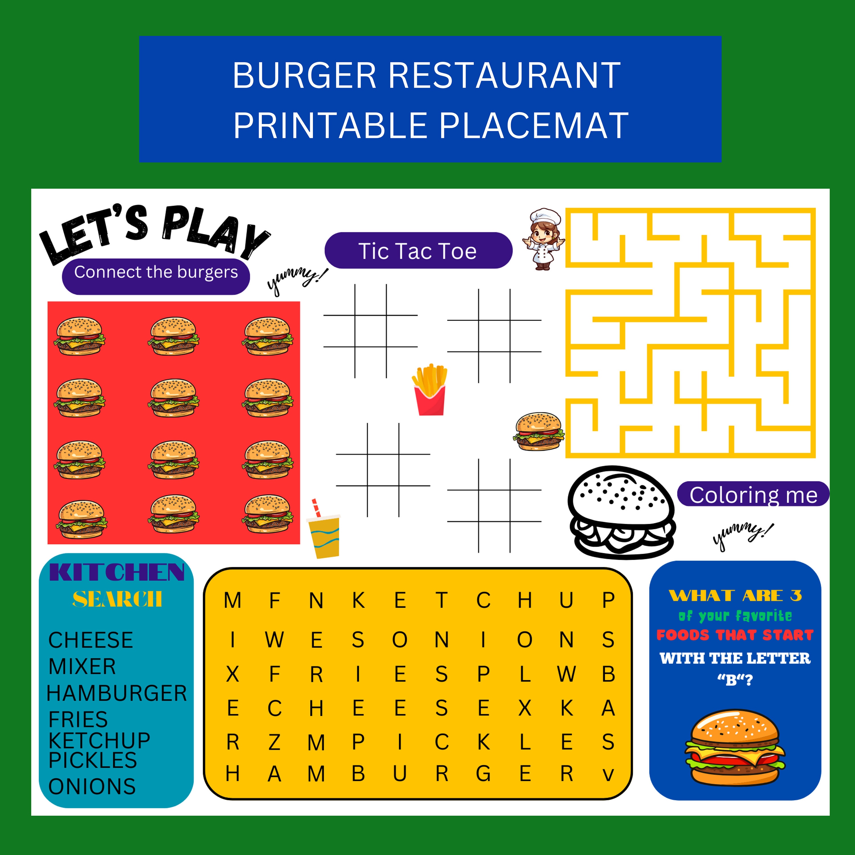 Burger Restaurant Printable Placemat, Summer Party Activity Placemat ...