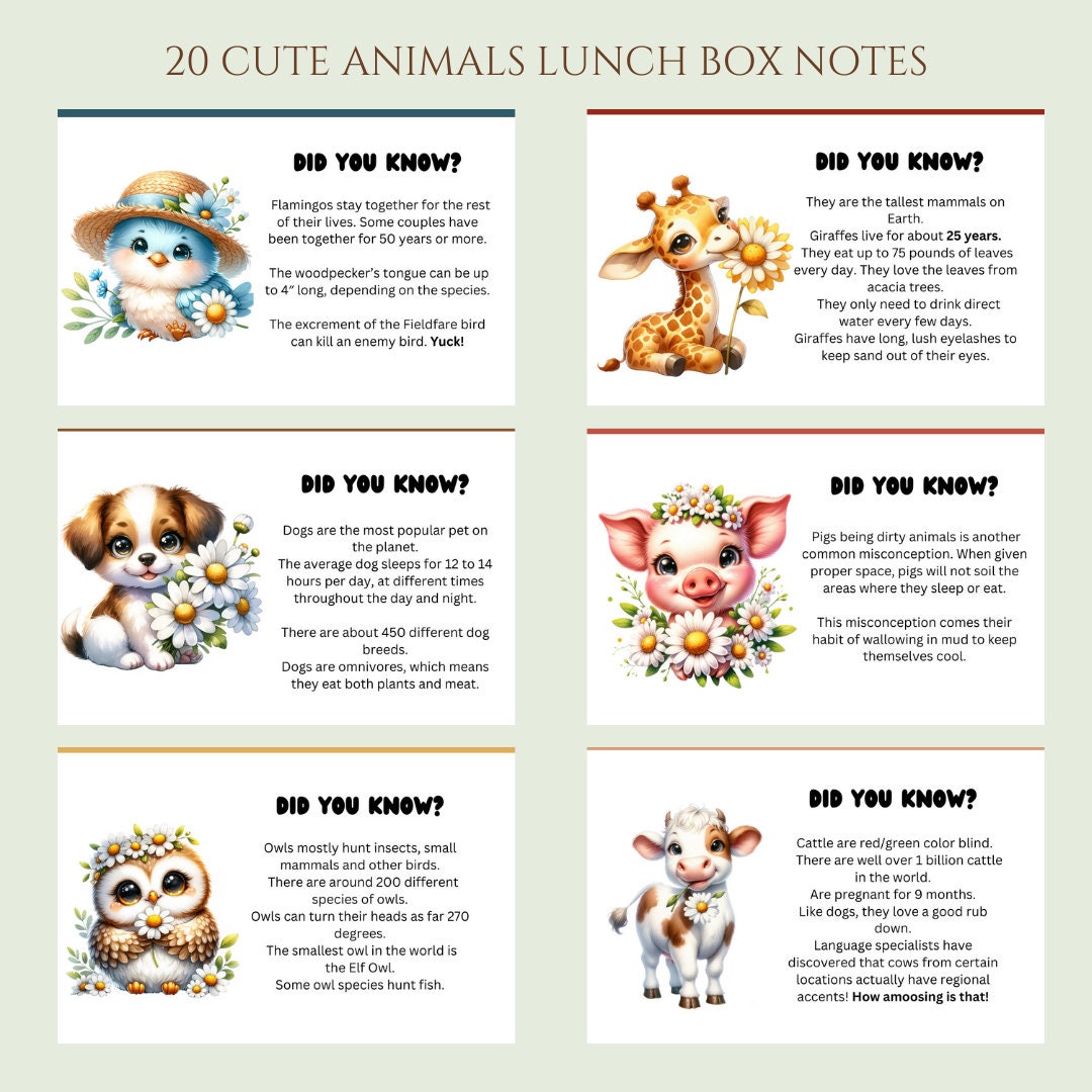 20 Cute Animals Lunch Box Notes for Kids, Lunchbox Notes Printable ...