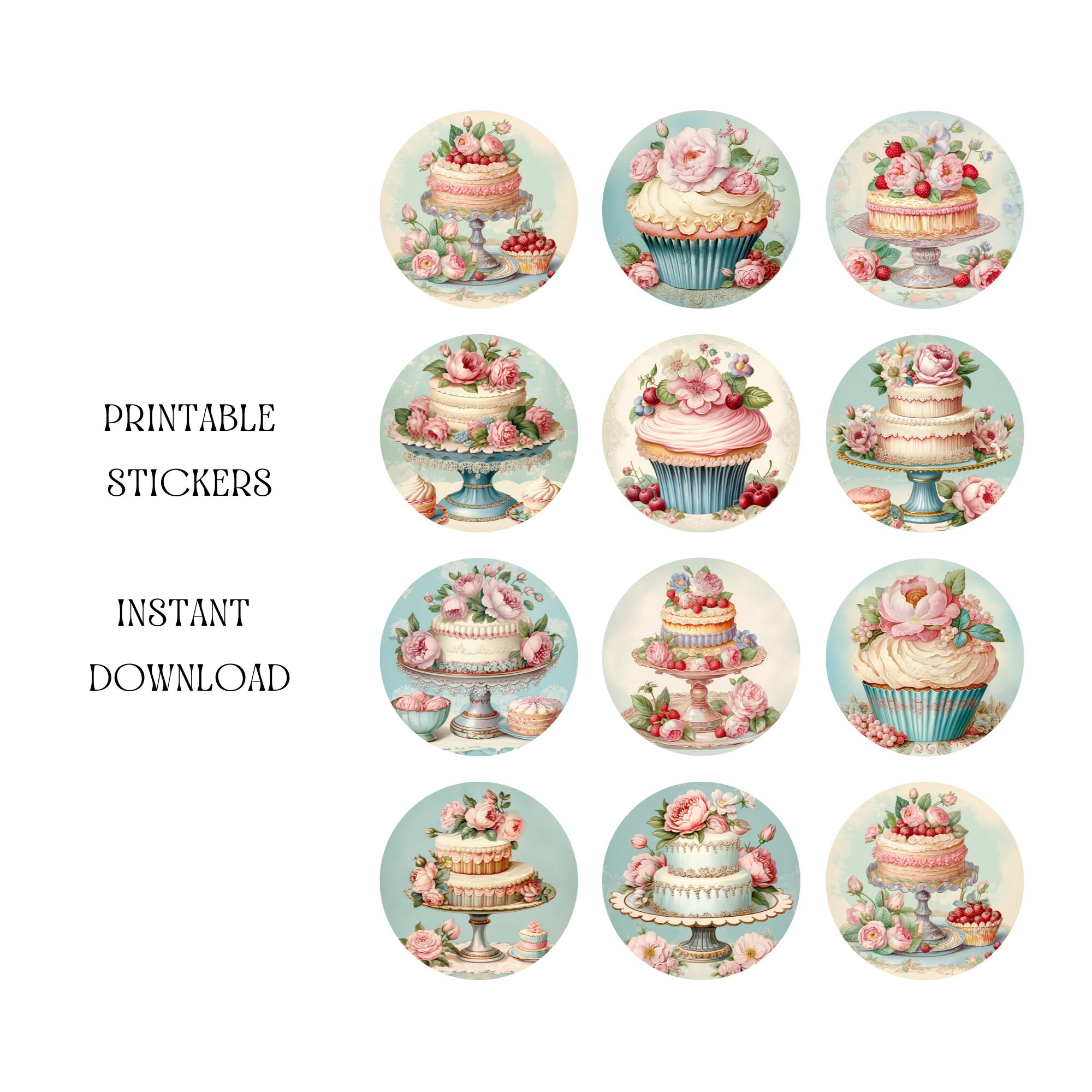 24 Vintage Cake Desserts Round Stickers Printable Desserts Stickers for ...