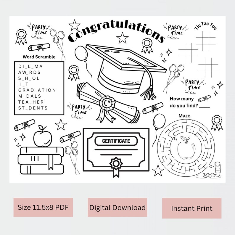Graduation Party Printable Placemat/ Kids Activity Mat/ Printable ...