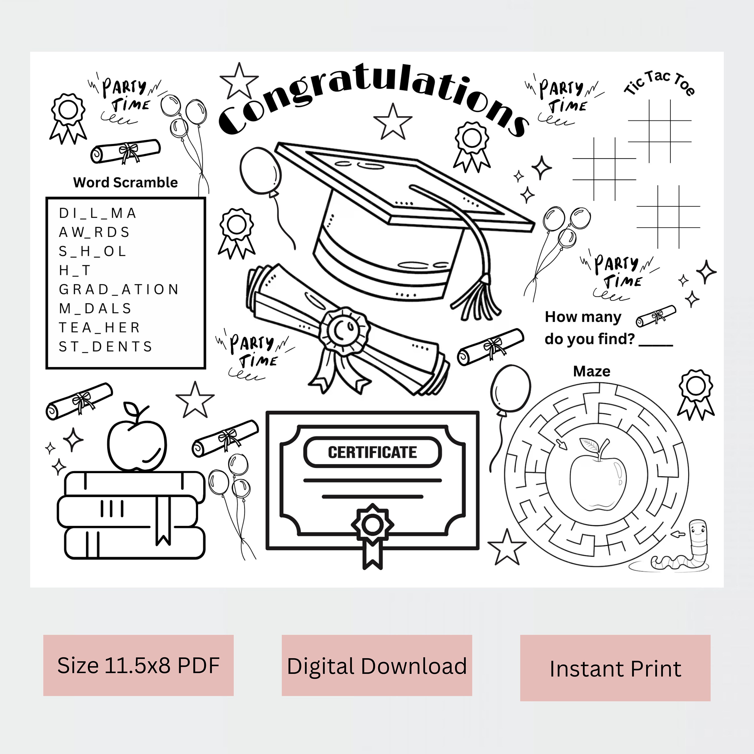 Graduation Party Printable Placemat/ Kids Activity Mat/ Printable ...