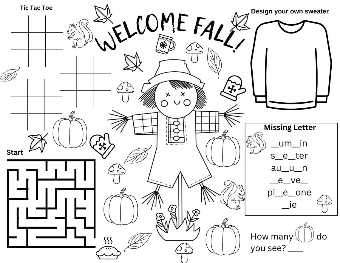 Welcome Fall Printable Placemat/ Kids Printable Mat/ Autumn Kids ...