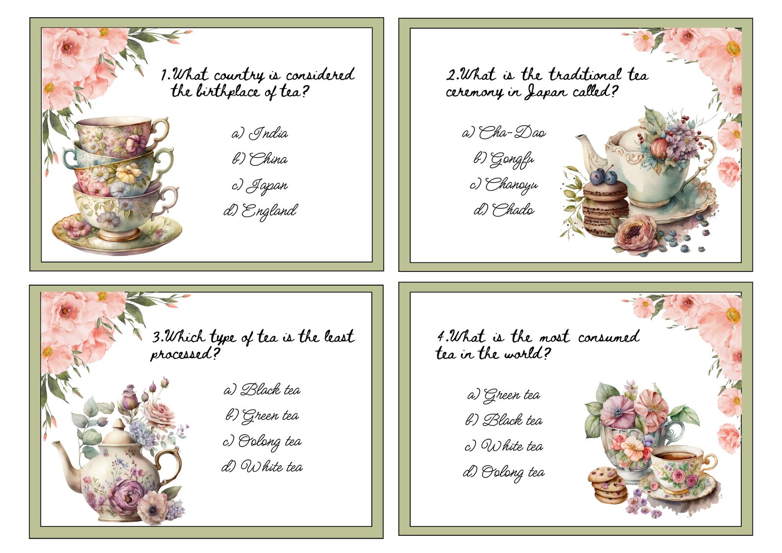 Tea Party Trivia Game Flashcards | Printable Family Night Activity ...