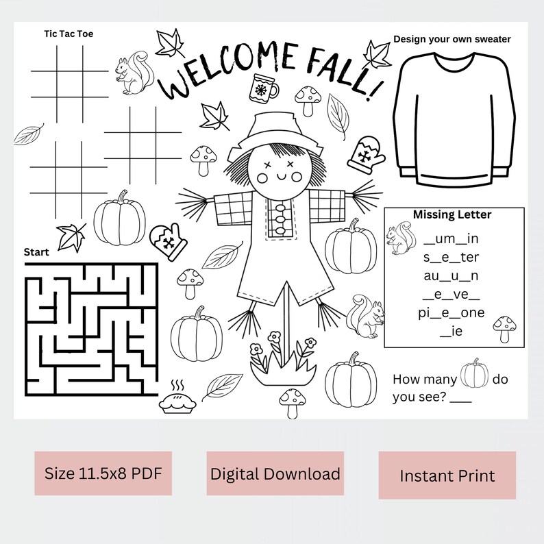 Welcome Fall Printable Placemat/ Kids Printable Mat/ Autumn Kids ...