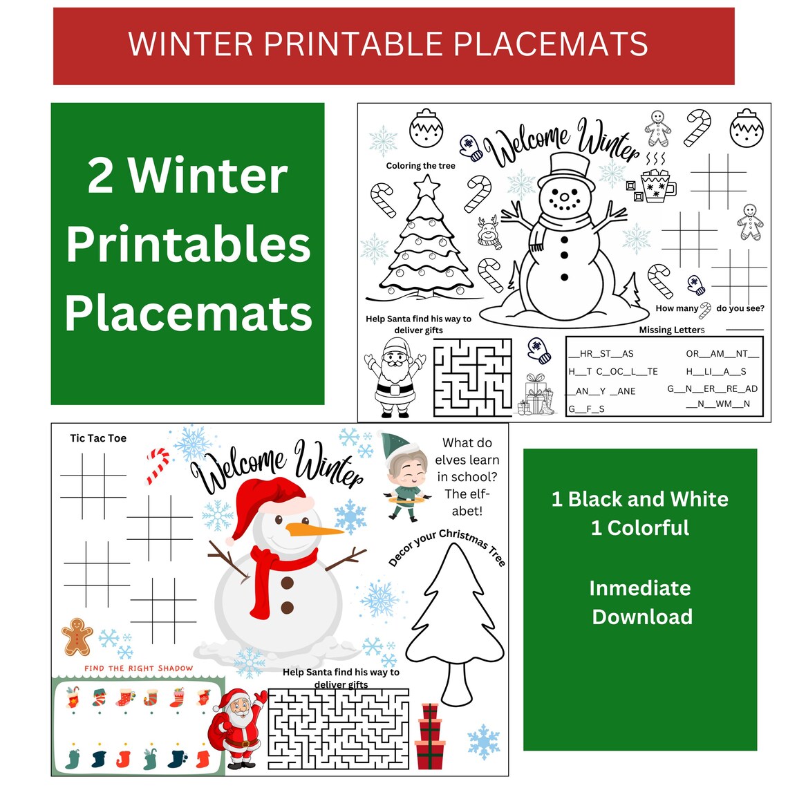 Winter Printable Placemat, Winter Activity Placemat, Christmas Coloring ...
